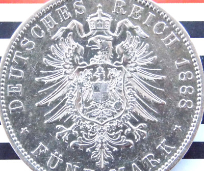 GERMAN 5 Mark 1888 A PRUSSIA KAISER WILHELM II Silver Coin EMPIRE WW1 ...