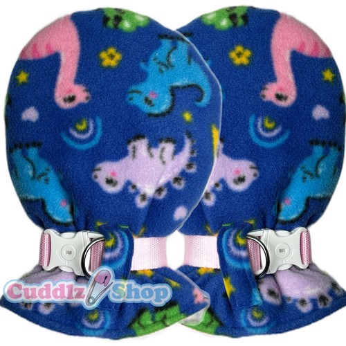 Colourful Blue Dinosaur Fleece Adult Size Mittens Padded Locking ...