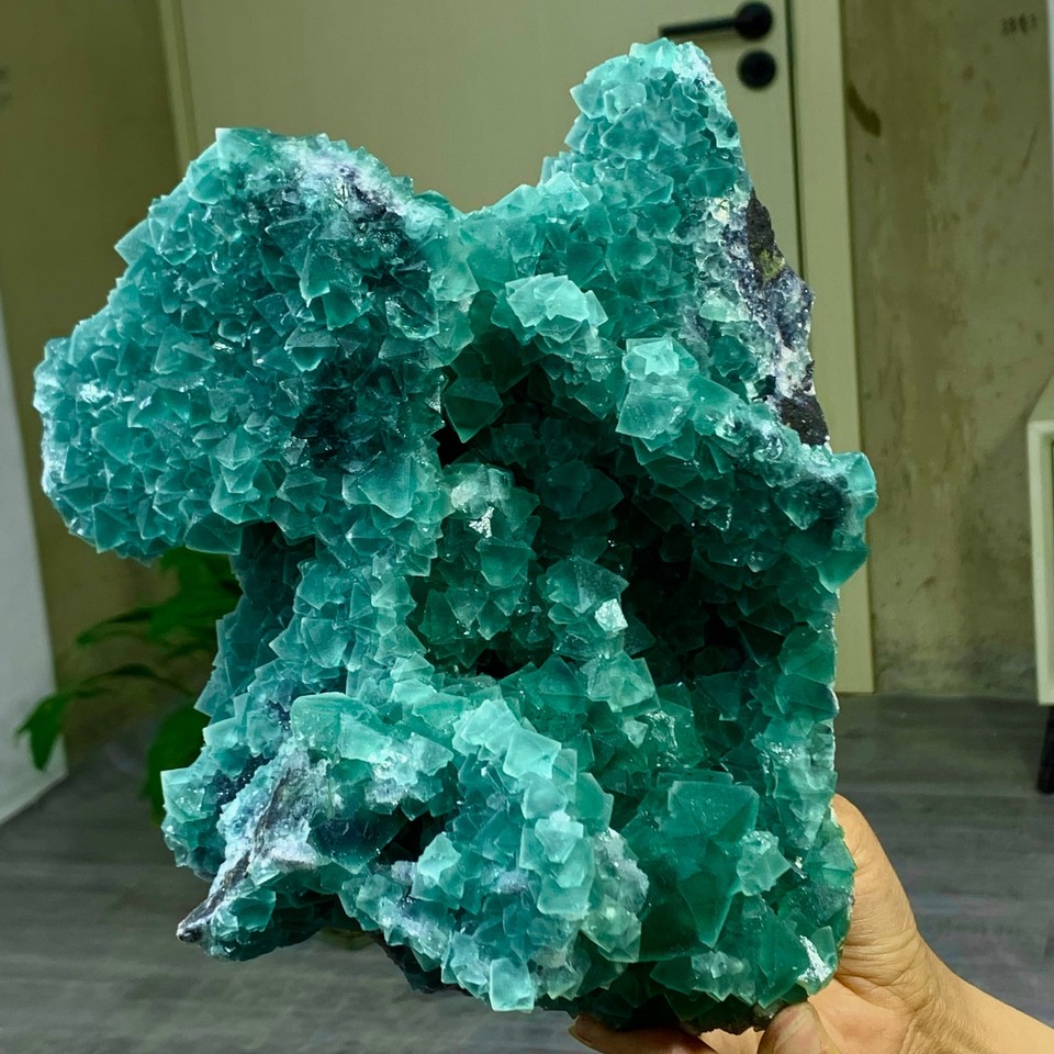 9.09LB Rare transparent green cubic fluorite mineral crystal sample ...