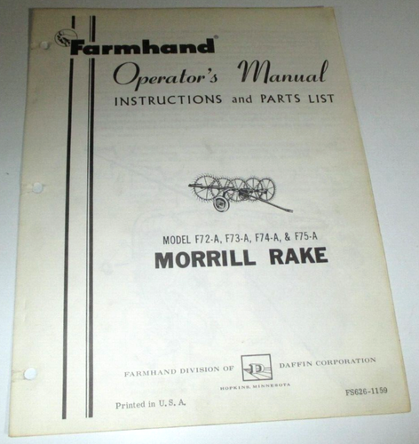 Farmhand F72-A F73-A F74-A F75-A Wheel Rake Operators & Parts Manual ...