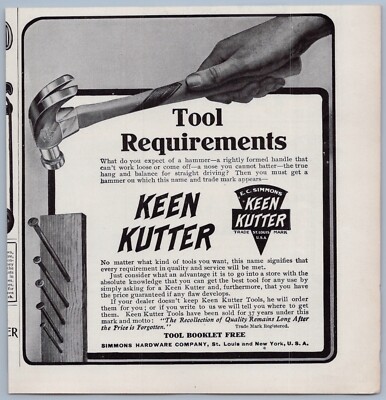 1906 Simmons Hardware Co Ad Keen Kutter Tools Hammer Construction ...