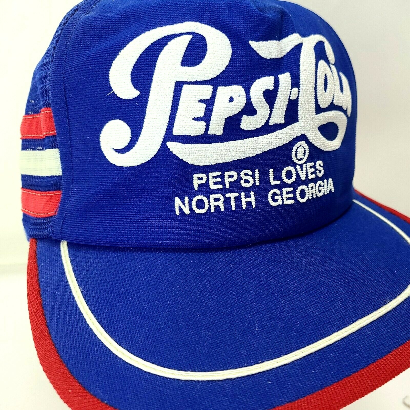 3 Stripe VTG Pepsi-Cola Hat Mesh Cap Snapback Loves North GA Blue White ...