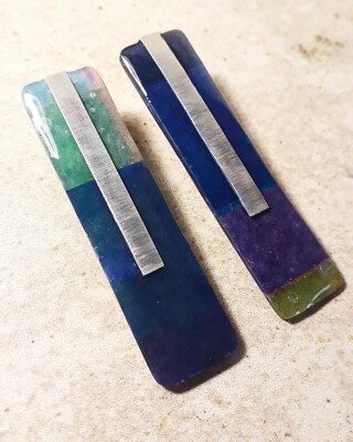 Color Tissue Paper Resin Captured 950 Silver Posts Rectangular Earrings ...