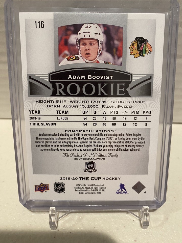 2019-20 The Cup Adam Boqvist Rookie Patch Auto Autograph - 79/249 🔥🔥🔥 ...