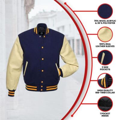 Letterman Baseball Varsity Jacket Wool & Cowhide Leather Sleeve Bomber ...