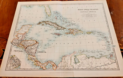 1900 Johnston Atlas Colour Map West India Islands Central America ...