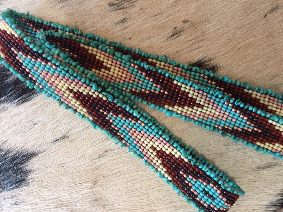 NATIVE DESIGN Handmade Beaded Hatband HAT BAND GENUINE TURQUOISE NUGGET ...