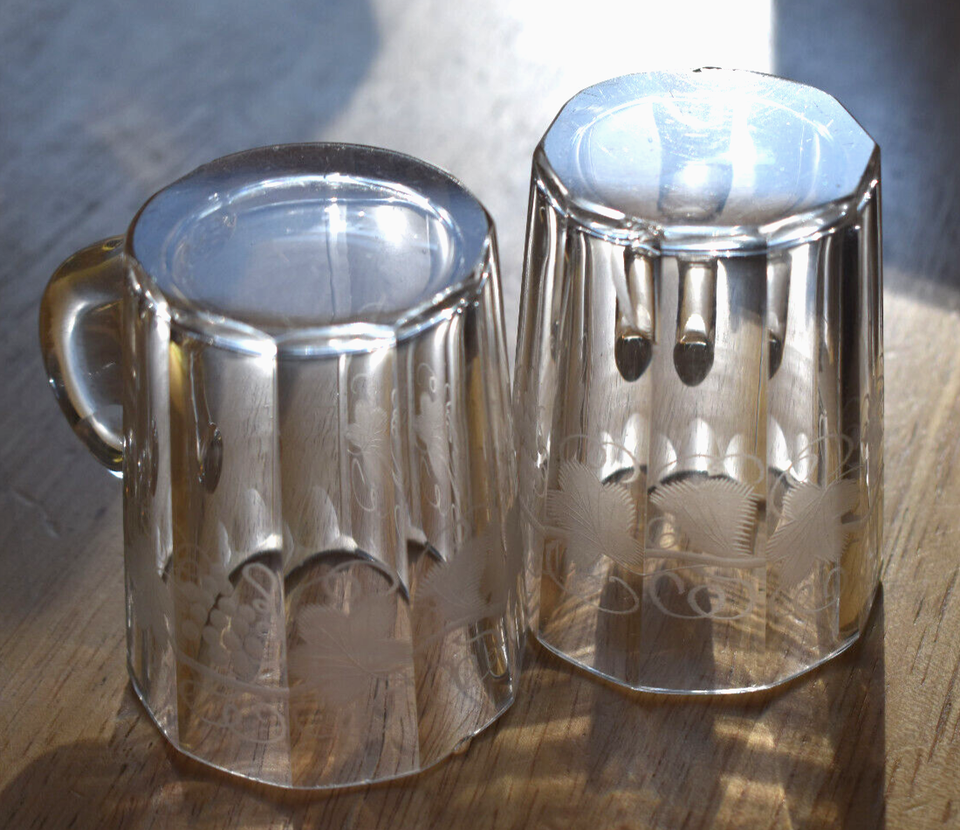 Pair of 19th Century Flint/Lead Glass Engraved Cups w/ Applied Handles ...