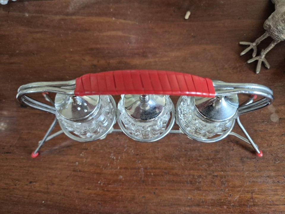 Vintage Stainless Steel Condiment Caddy Mid-Century In Red Trim | eBay UK