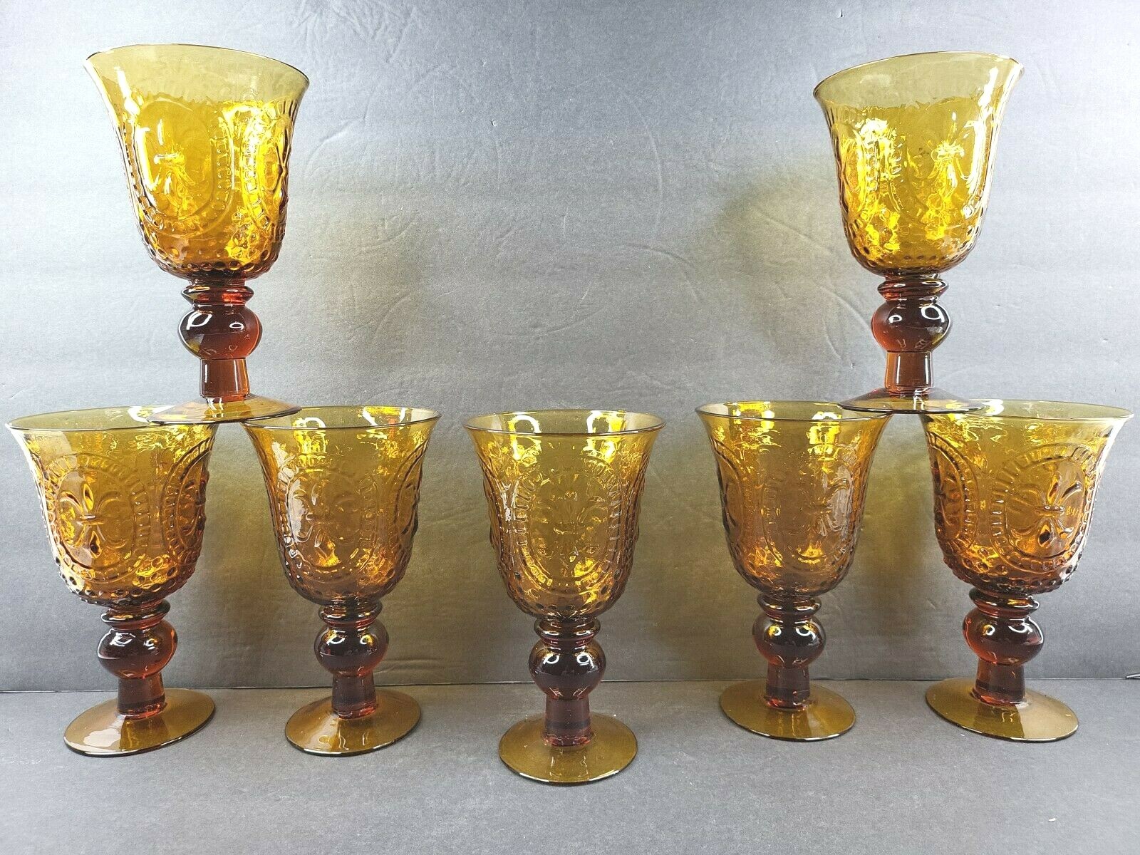 7 Zrike Renaissance Amber Water Goblets Set Fleur De Lis Etch Drink ...