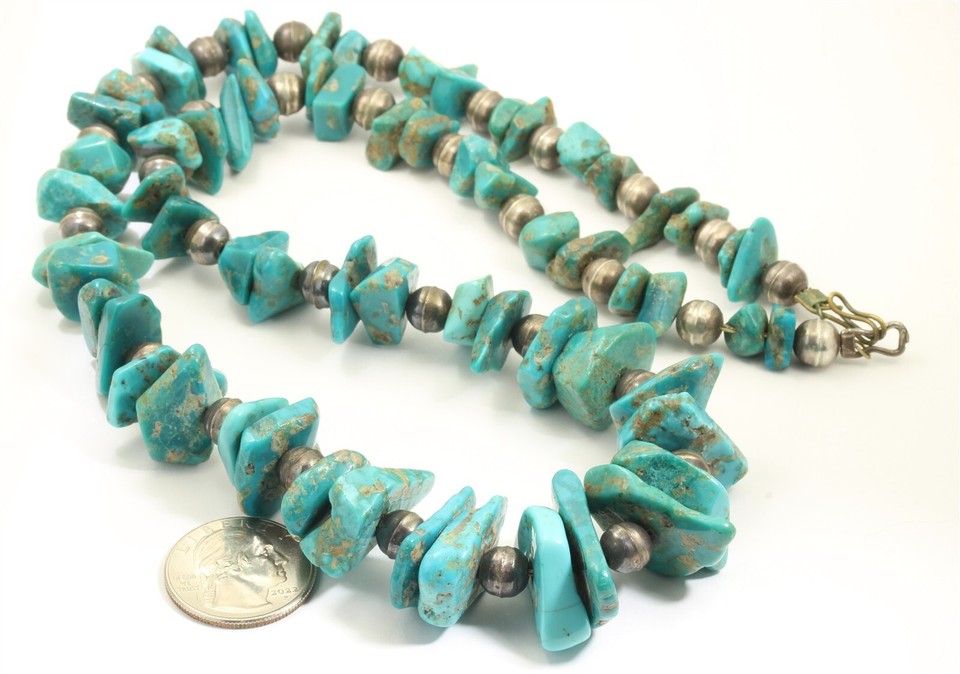 Vintage Navajo Sterling Silver Old Pawn Graduated Turquoise Slab Bead ...