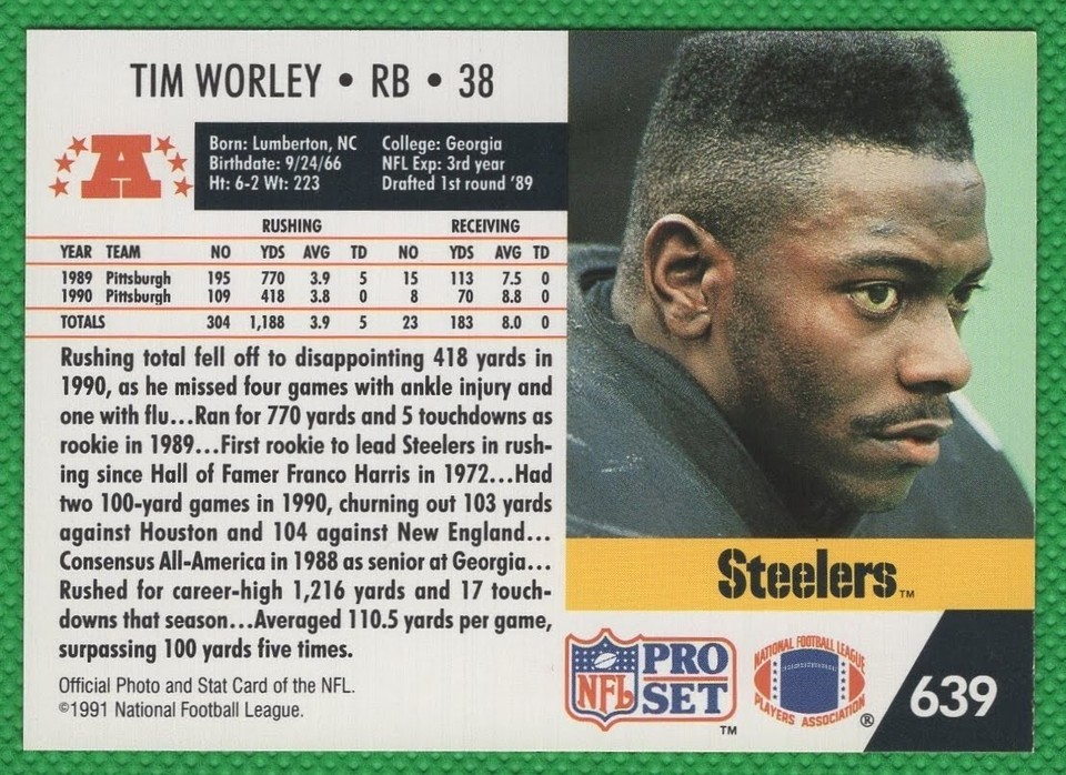 Tim Worley - 1991 NFL Pro Set #639 - Pittsburgh Steelers Football Card ...