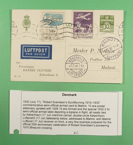 DR WHO 1930 DENMARK SEMI OFFICIAL AIRMAIL ROBERT SVENDSEN SUNDFLYVNING ...