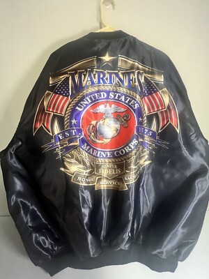 Vintage US MARINE Corps BLACK RARE Satin Nylon Bomber Jacket USMC USA ...