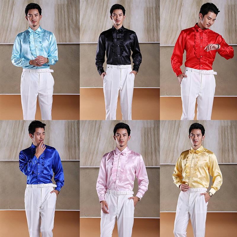 Men Long Sleeve Top Ruffle Pleated Front Shirt Wet-Look Frill Top Shiny ...