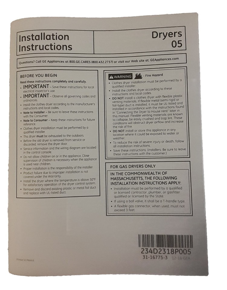GE Dryer Owner's Manual & Installation Instruction Booklet GTD42GASJ2WW ...