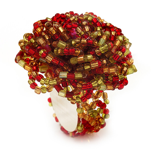 Large Multicoloured Glass Bead Flower Stretch Ring (Red & Olive) | eBay