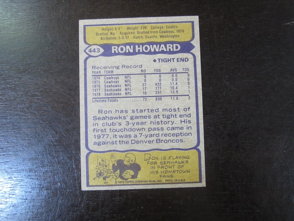 1979 Topps # 443 Ron Howard Autograph Signed Auto Card (M2) Seattle ...