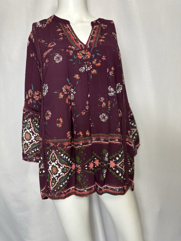 Knox Rose Size Large Women's Maroon Boho Peasant Floral Top | eBay