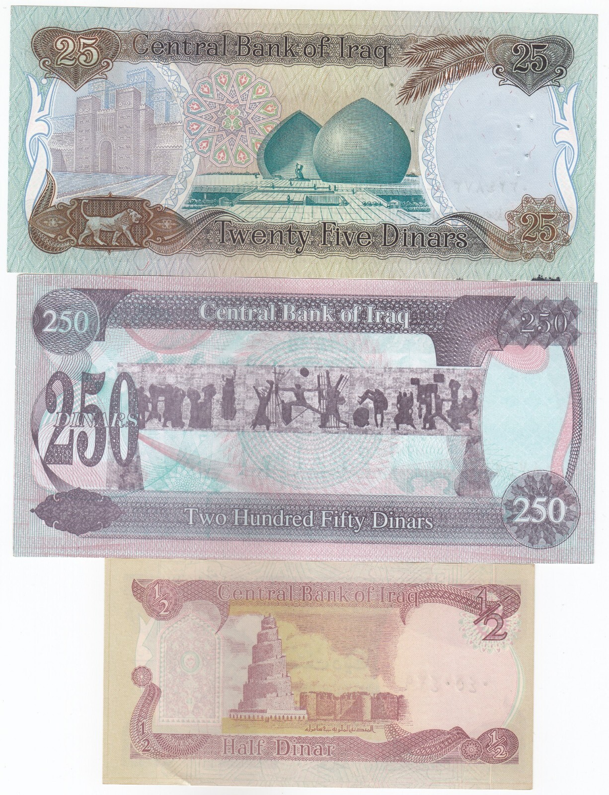 Iraq, (Set of 3) 1/2, 25, 250, Dinar, All Different Old Issues ...