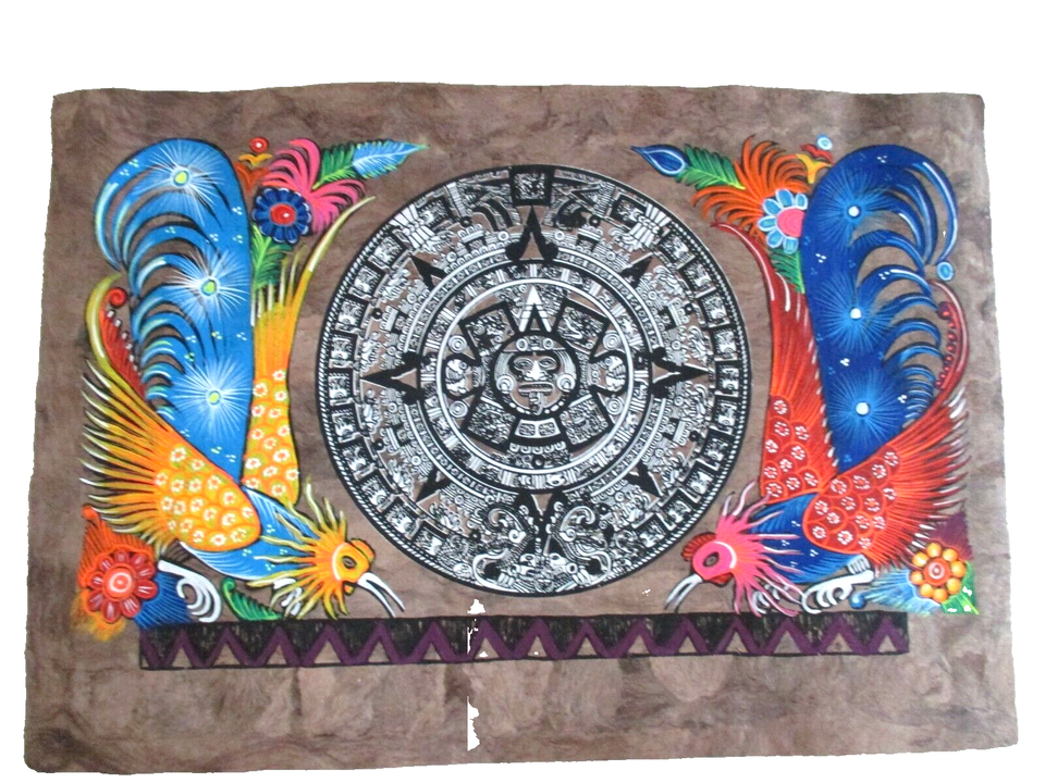 Mexican Amate Bark Paper Painting Aztec Mayan Calendar Rooster Wall ...