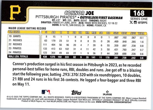 Connor Joe 2025 Topps #168 Pittsburgh Pirates Lot Of 6 | eBay