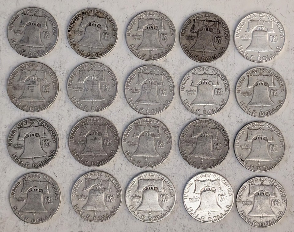 (LOT OF 20) 90% SILVER FRANKLIN HALF DOLLARS RANDOM DATES 1949-1963 PDS ...