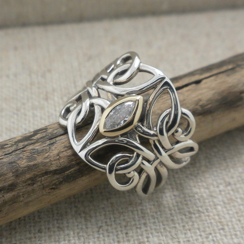 Sterling Silver & 10K Celtic Guardian Angel Ring with White CZ KEITH ...