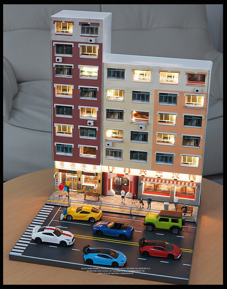 1:64 Diorama Diecast Car Garage Model LED City Street Building Scene ...