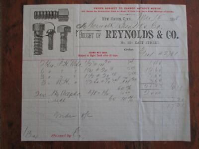 1898~ NEW HAVEN CT. REYNOLDS & CO. BOLTS SCREWS MANUFACTURER BILLHEAD w ...