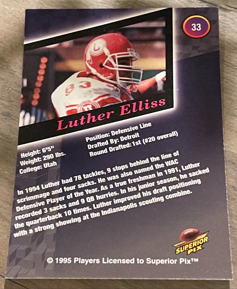 1995 Superior Pix NFL #33 Luther Elliss 1995 Draft Autographed Card ...