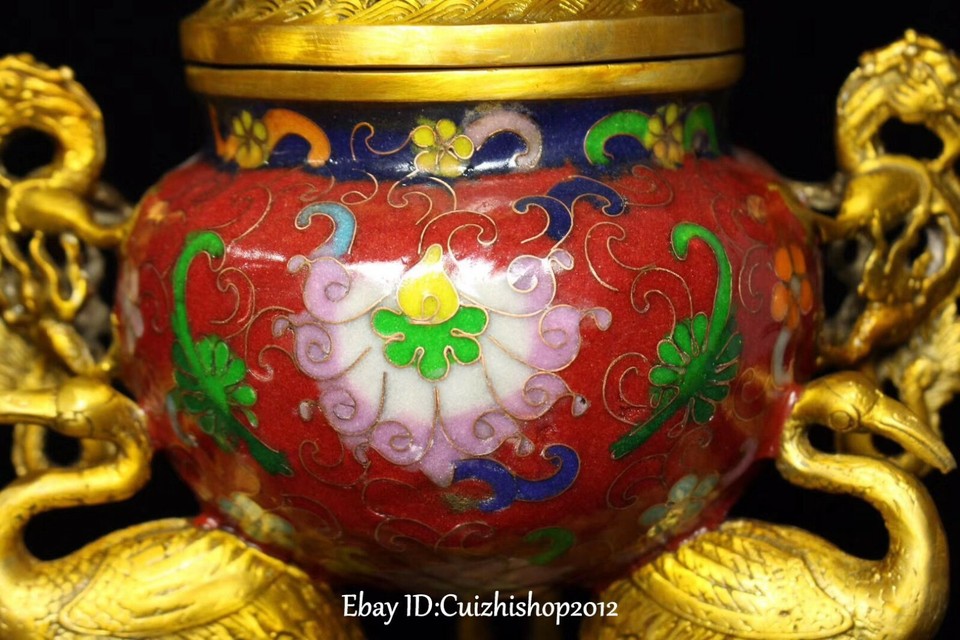 Cloisonne Enamel Gilt Dragon Crane Animal Flower Incense Burner Censer ...