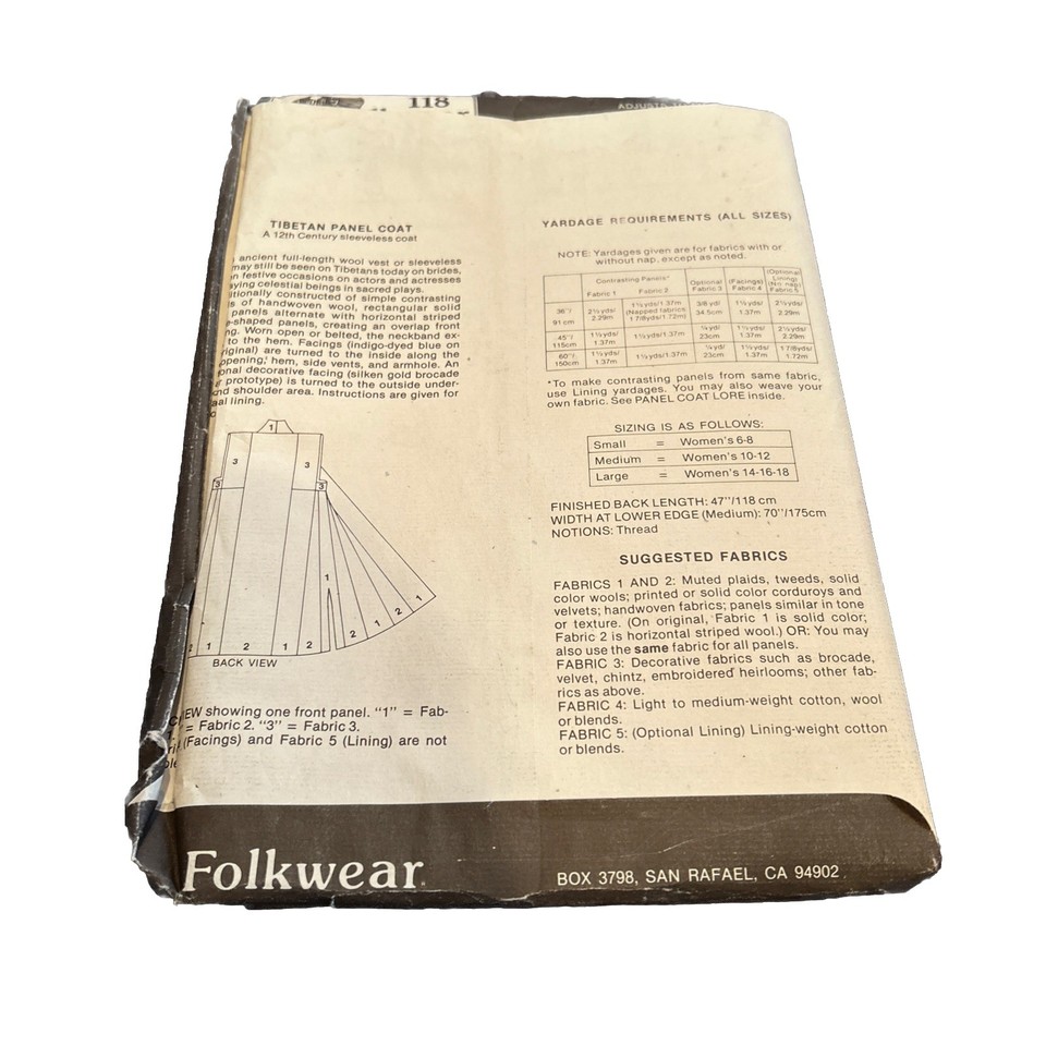 Folkwear 118 Tibetan Panel Coat Pattern Uncut Historical Folk Wear | eBay