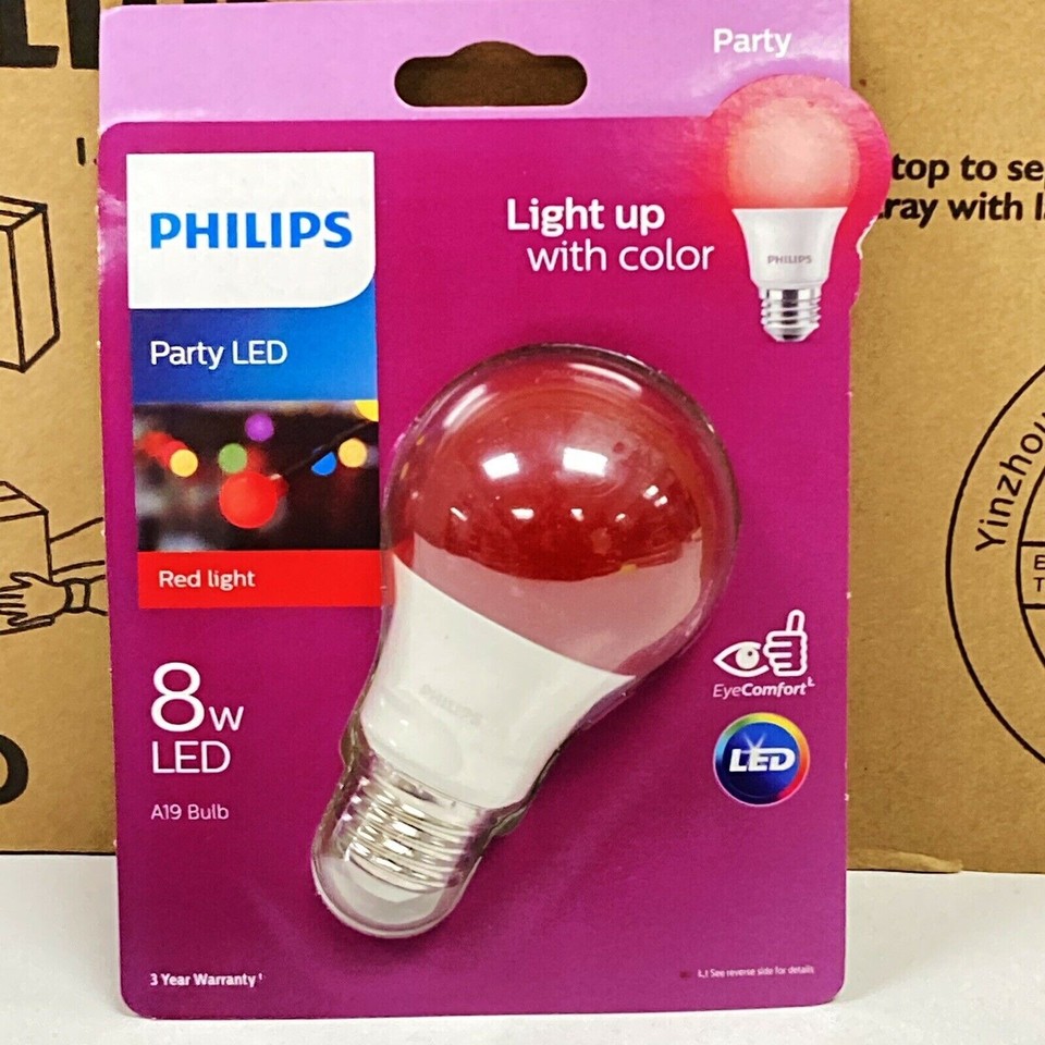 6 Pack Of Philips Red LED Light Bulbs A19 Base 8w Party Colored Indoor ...