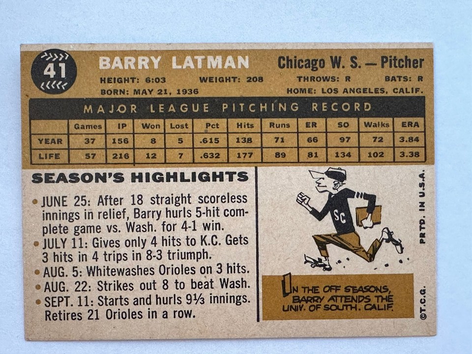 Barry Latman Auto Signed Autographed 1960 Topps Baseball Card #41 White ...