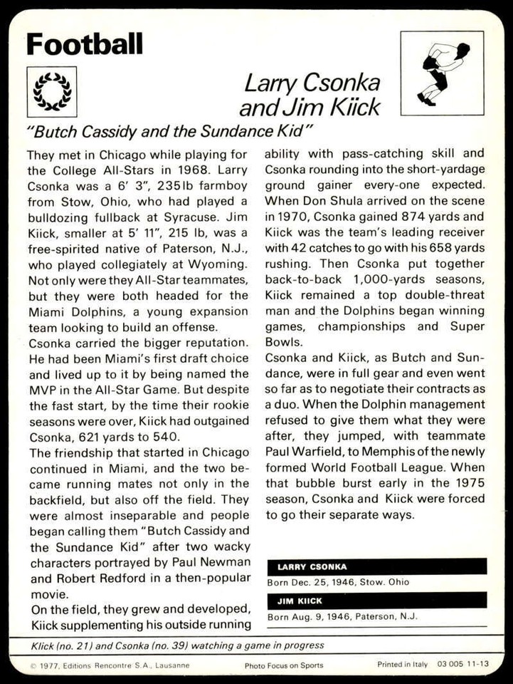 Jim Kiick/Larry Csonka 1977 Sportscaster #1113 ID: 546726 | eBay
