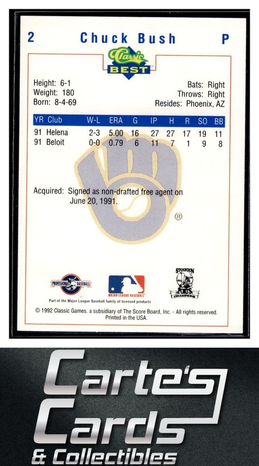 Chuck Bush 1992 Classic Best Stockton Ports #2 Milwaukee Brewers | eBay