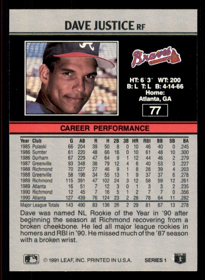 1991 Leaf #77 Dave Justice - Atlanta Braves | eBay