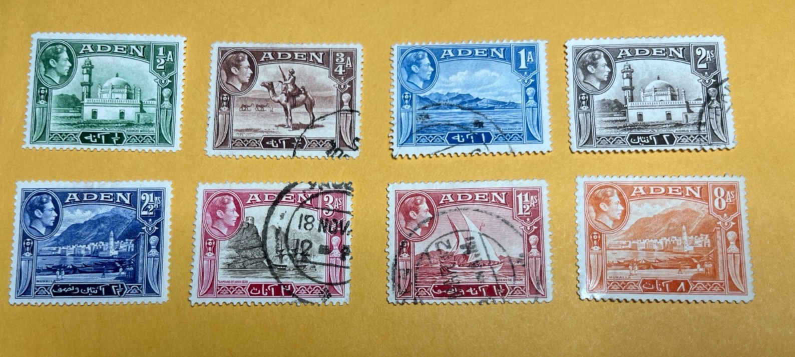 1939 King George VI Aden Stamps, Lot of 8; Mixed Grades; No Duplicates ...