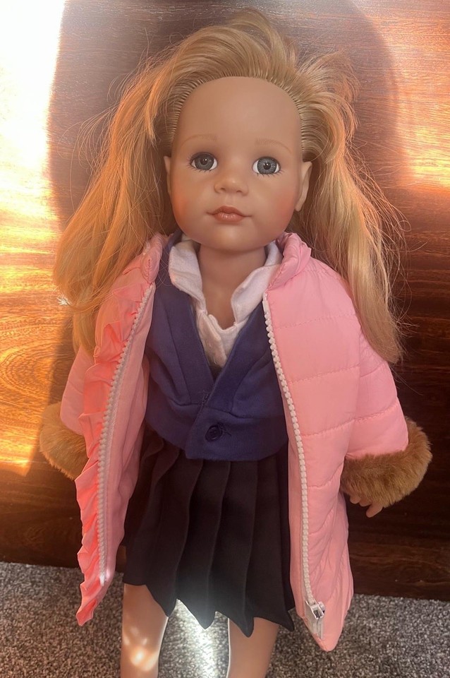 Dolls School Uniform with Grey Pinafore Set , Blue Cardy and Bag. | eBay UK