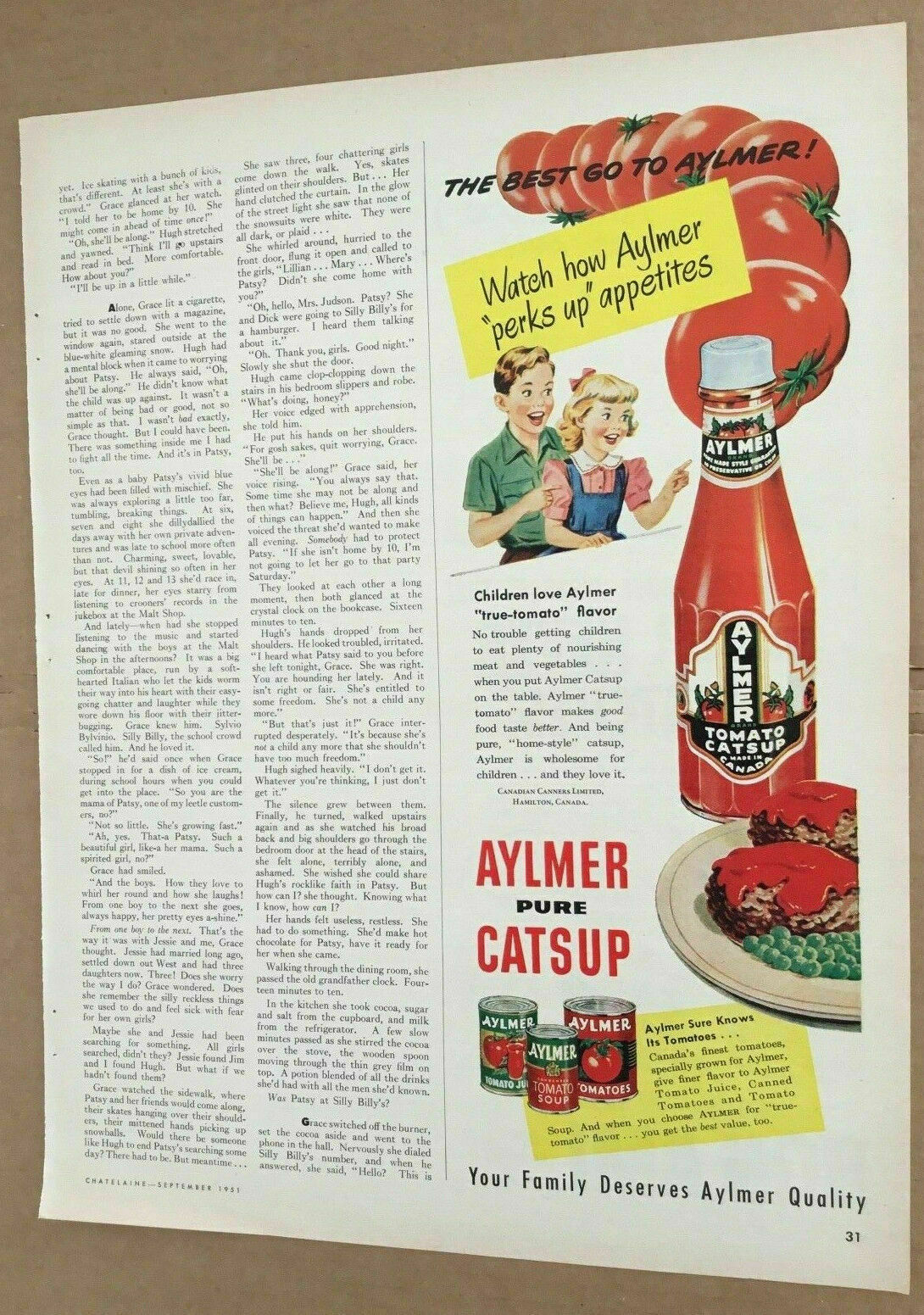 Aylmer catsup ketchup ad 1951 original vintage 1950s color print ...