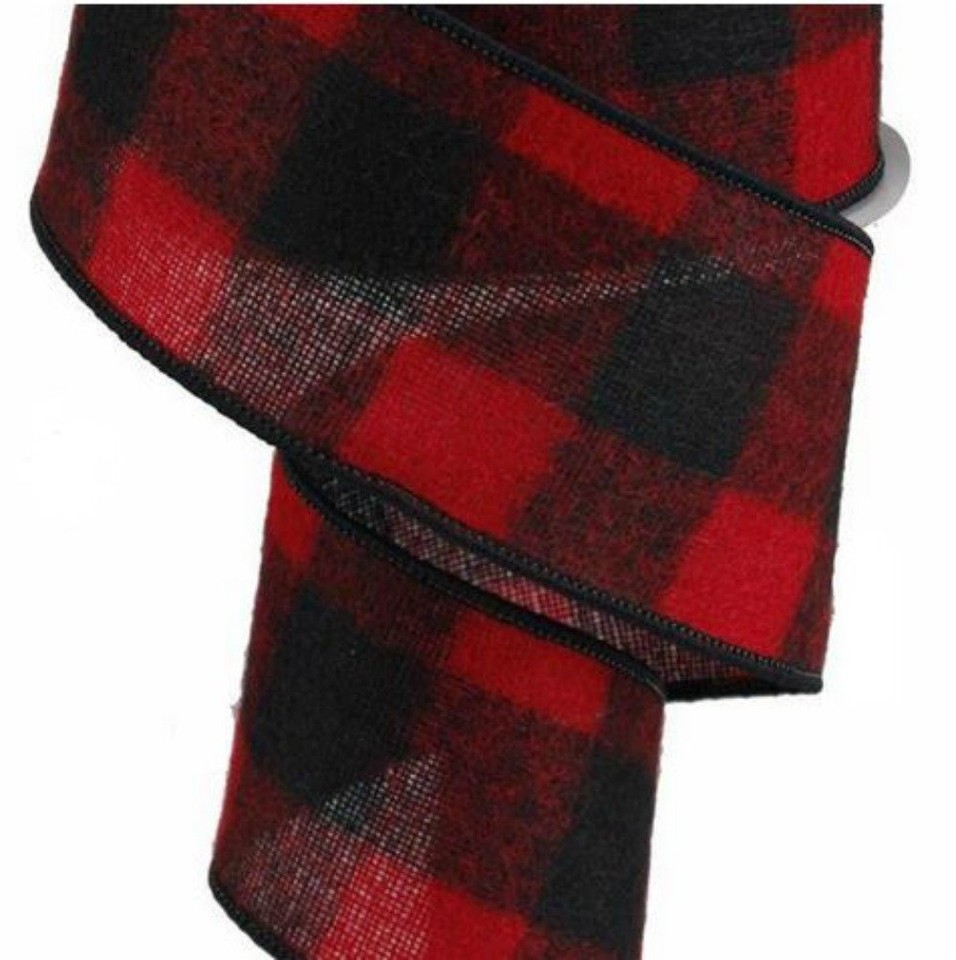 Fuzzy Large Check Plaid Wired Edge Ribbon 2.5" x 10 Yards Red and Black ...