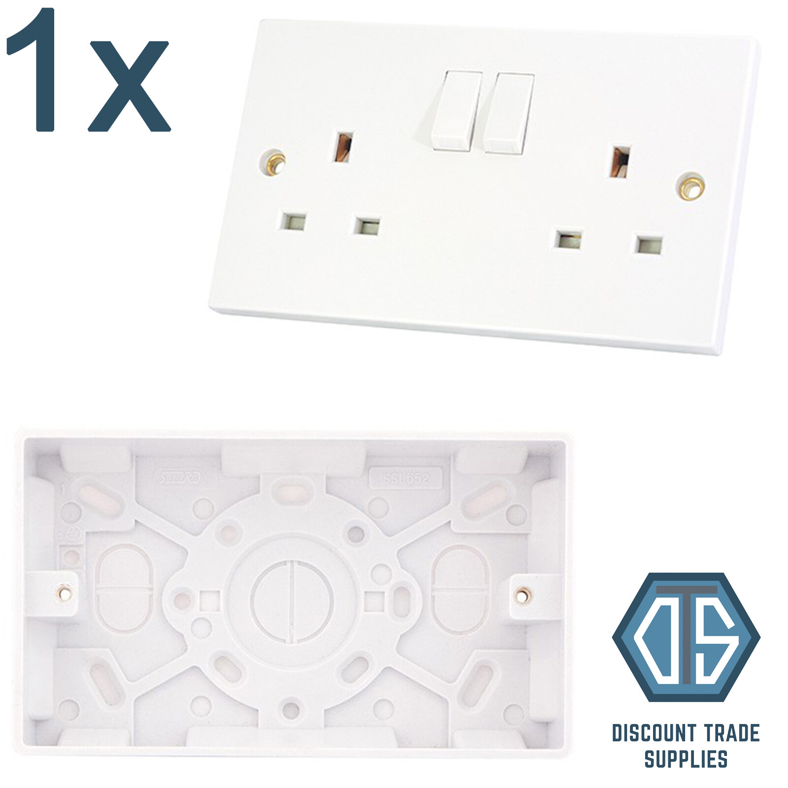 2 Gang White Twin Double Switched Wall Socket and 25mm Surface Pattress ...