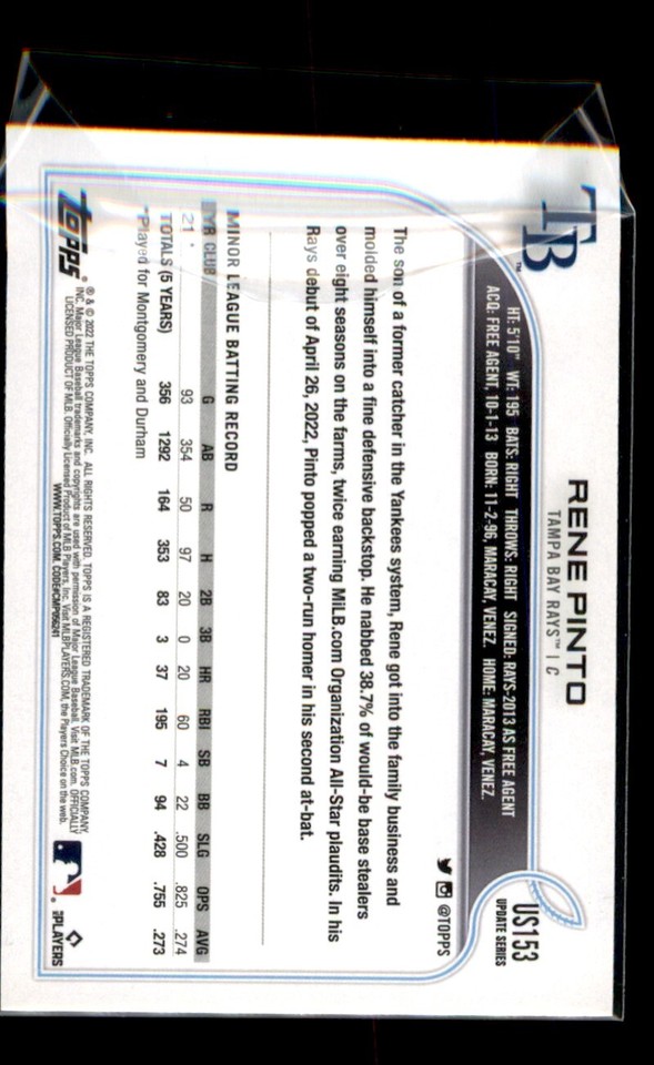 2022 TOPPS UPDATE RENE PINTO RC TAMPA BAY RAYS #US153 | eBay