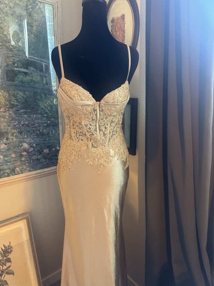 Beautiful Champagne Color Gown with Lace Details Size 4 for Women | eBay