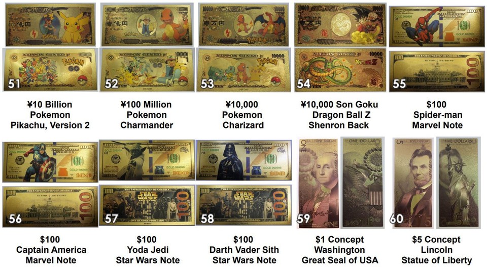 24K Gold-Plated Foil Note Currency Bill Paper Money Novelty Famous Cash ...