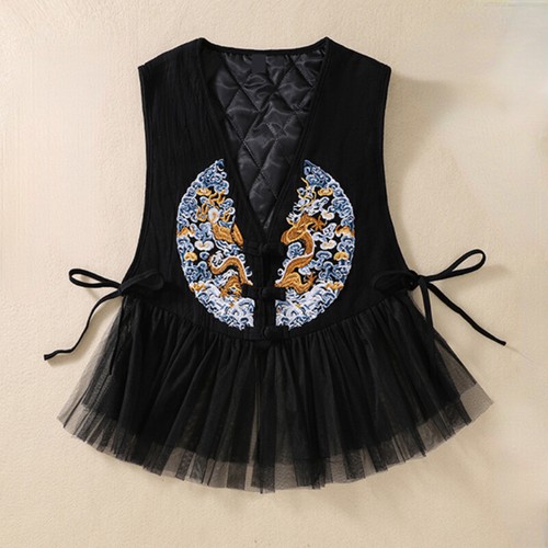 Women Ethnic Waistcoat Vest Top Linen Cotton Mesh Ruffle Embroidery ...