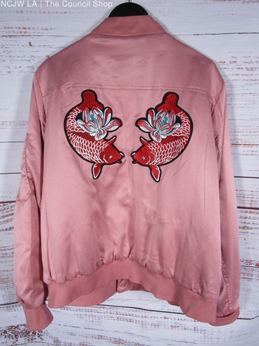 Jacked by Jill Women's Pink Koi Fish Embroidered Satin Bomber Jacket ...