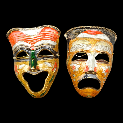 Comedy Tragedy Brass Enamel Mask Pair - 6" vtg 1980s 1990s Gold Red ...