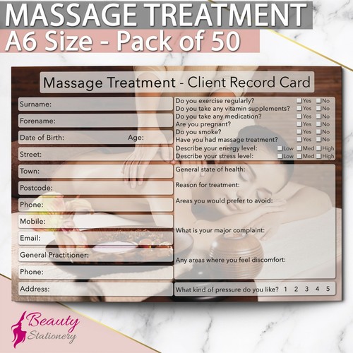 Massage Client Record Card NEW - PREMIUM Treatment Consultation A6 Pack ...
